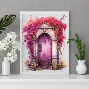 Watercolor Fantasy Pink Door Clipart, Printable Nature Floral Ephemera ...