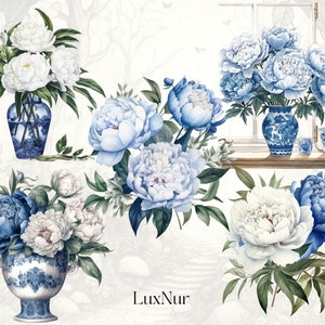 Watercolor Blue and White Peonies Png Clipart, Printable Floral Wedding ...