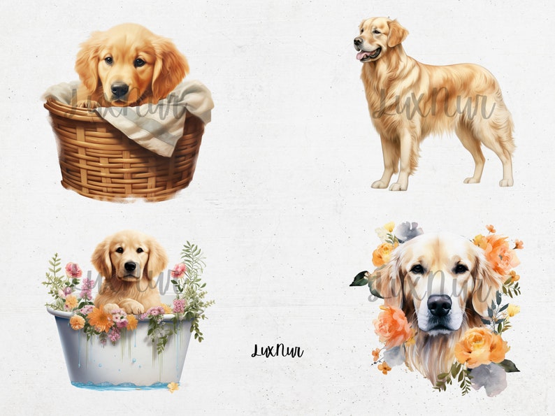 Watercolor Golden Retriever Clipart Printable Floral Puppy - Etsy