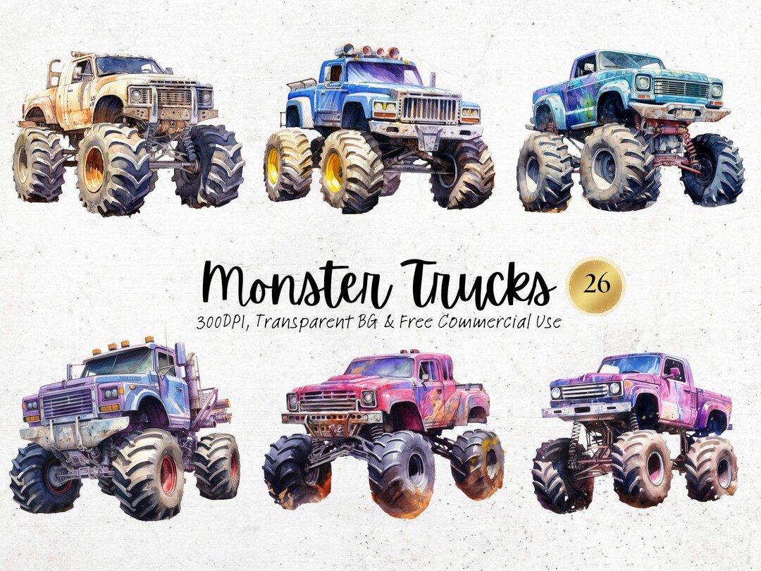 Watercolor Monster Truck Clipart, Printable Giant Vehicle Png, Colossal ...