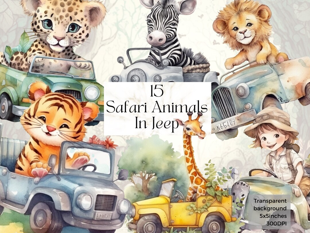 15 Printable Safari Baby Animal in Jeep Png Clipart, Watercolor Jungle ...