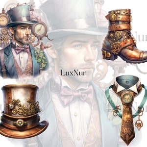 Watercolor Steampunk Gentleman Clipart, Printable Clockwork Fashion Png ...