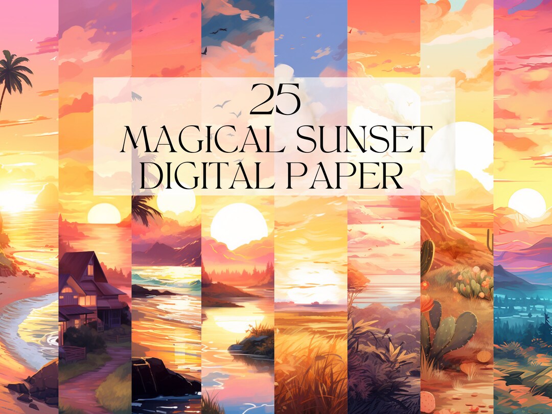 Watercolor Magical Sunset Digital Paper, Printable Fairytale Enchanted ...