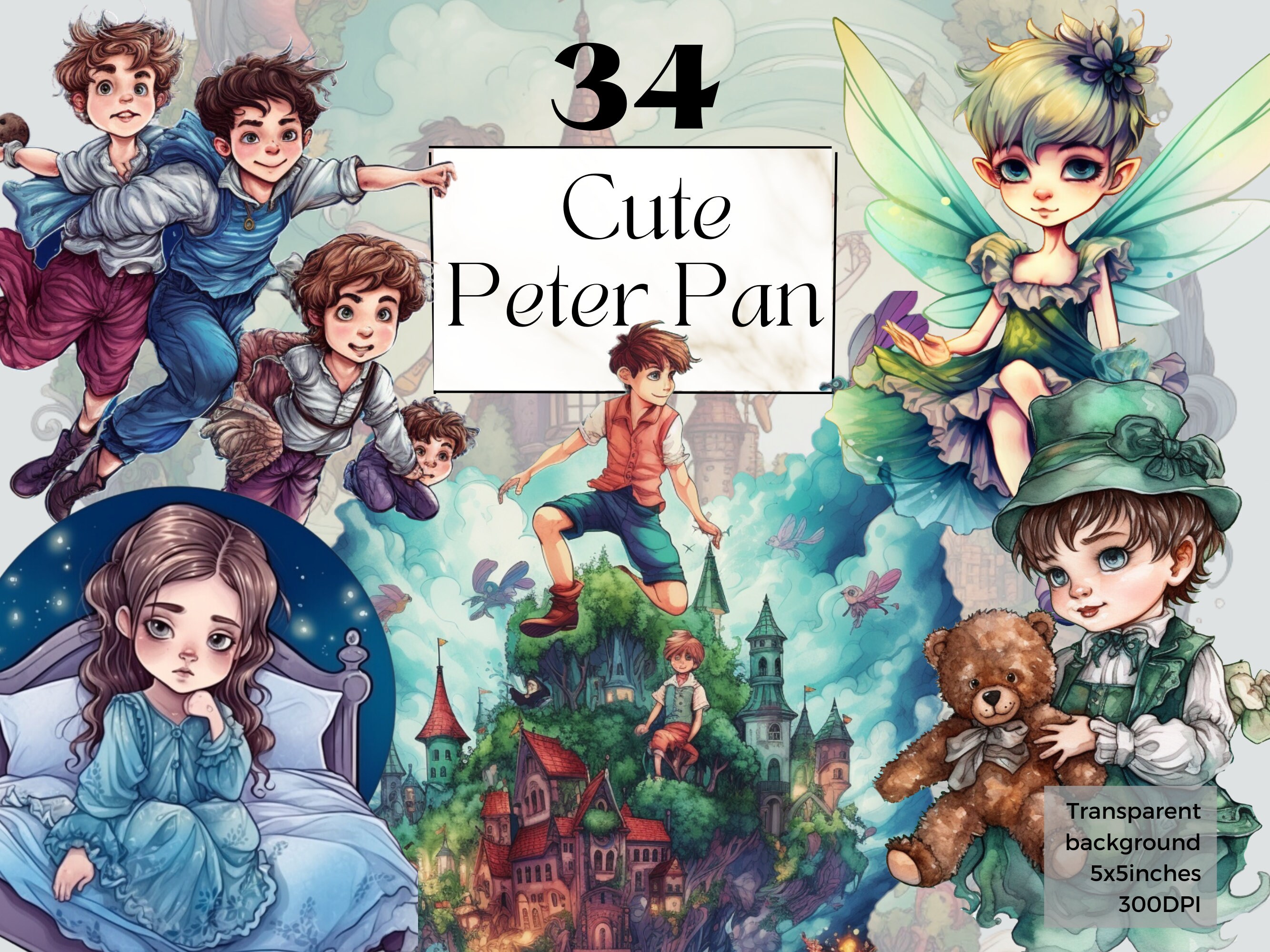 Watercolor Peter Pan Clipart Png Printable Tinkerbell - Etsy