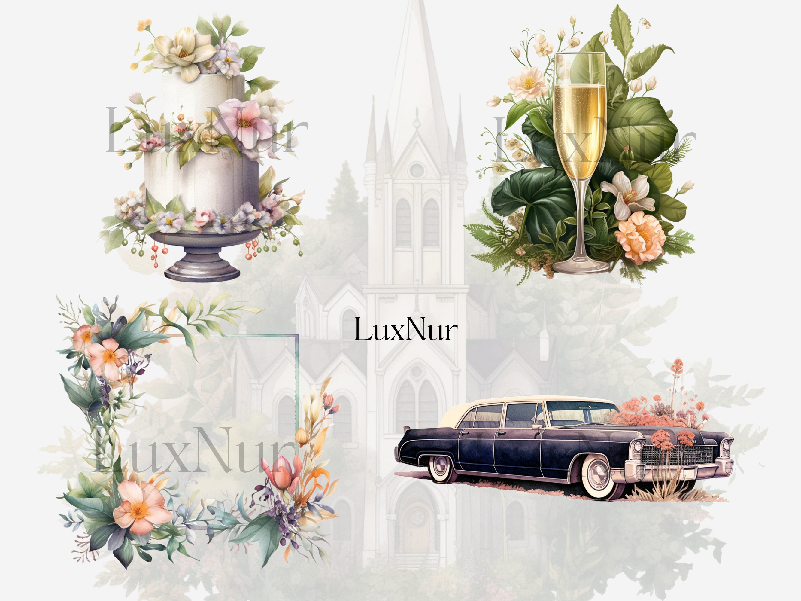 Watercolor Wedding Clipart Printable Green Wedding Day Art - Etsy