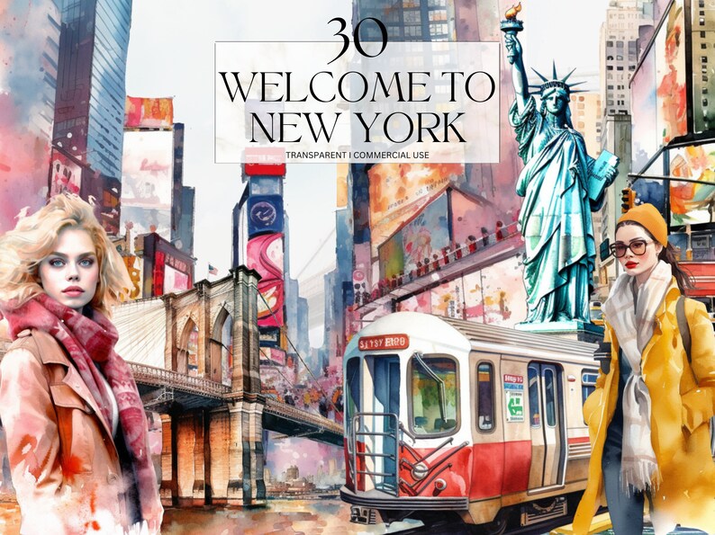 Watercolor New York Clipart Printable New York City Skyline - Etsy