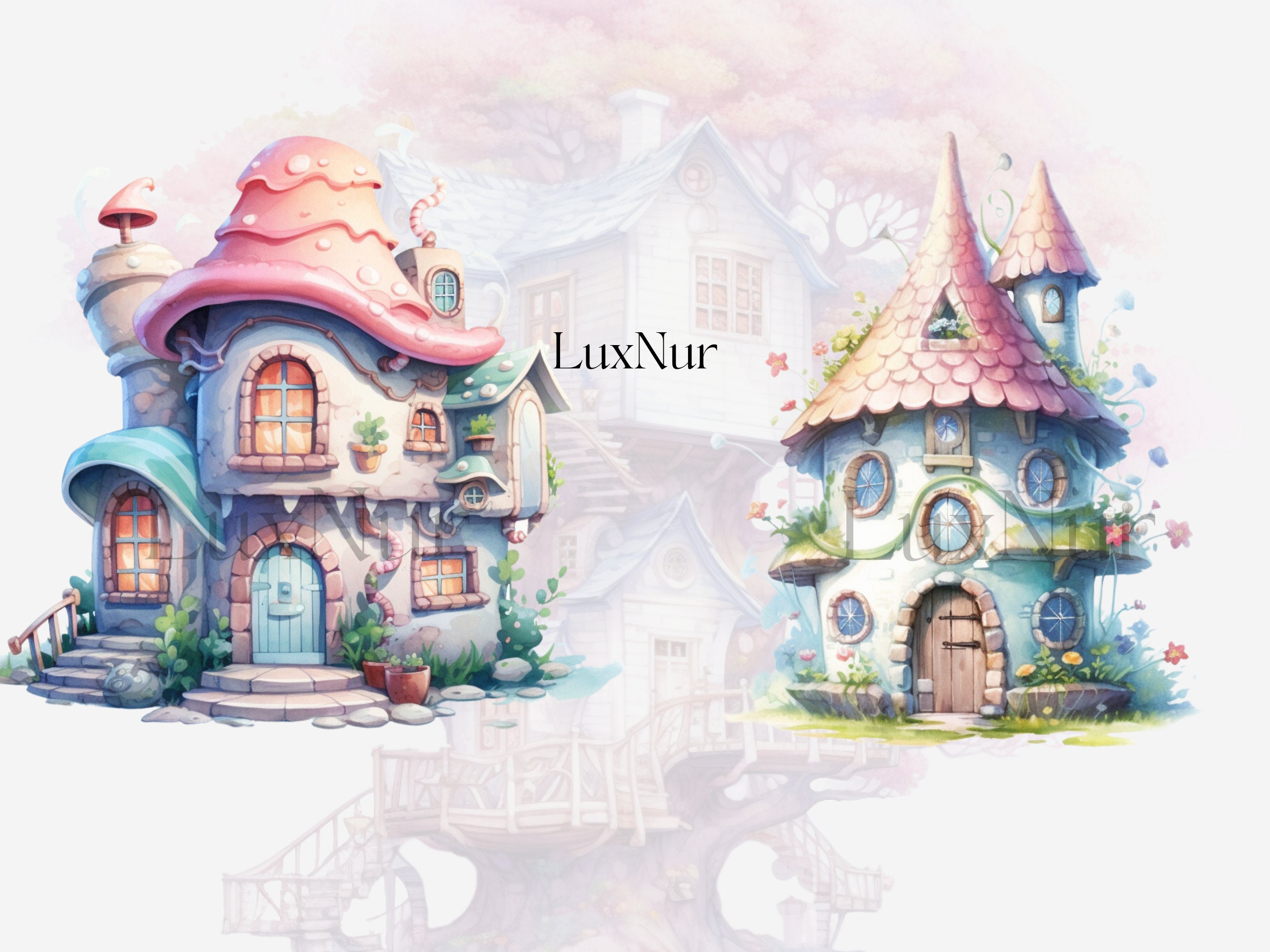 Watercolor Pastel Fairy House Clipart Png Printable Kids Art - Etsy