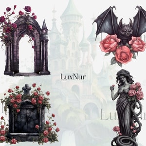Watercolor Gothic Cemetery Clipart Png, Printable Halloween Graveyard ...