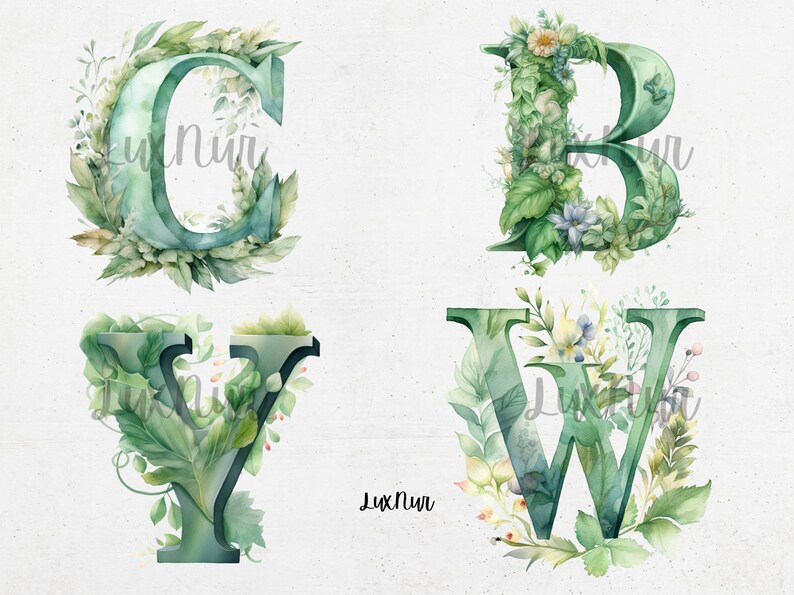 Alphabet Watercolor Png Clipart Printable Green Floral Letter - Etsy