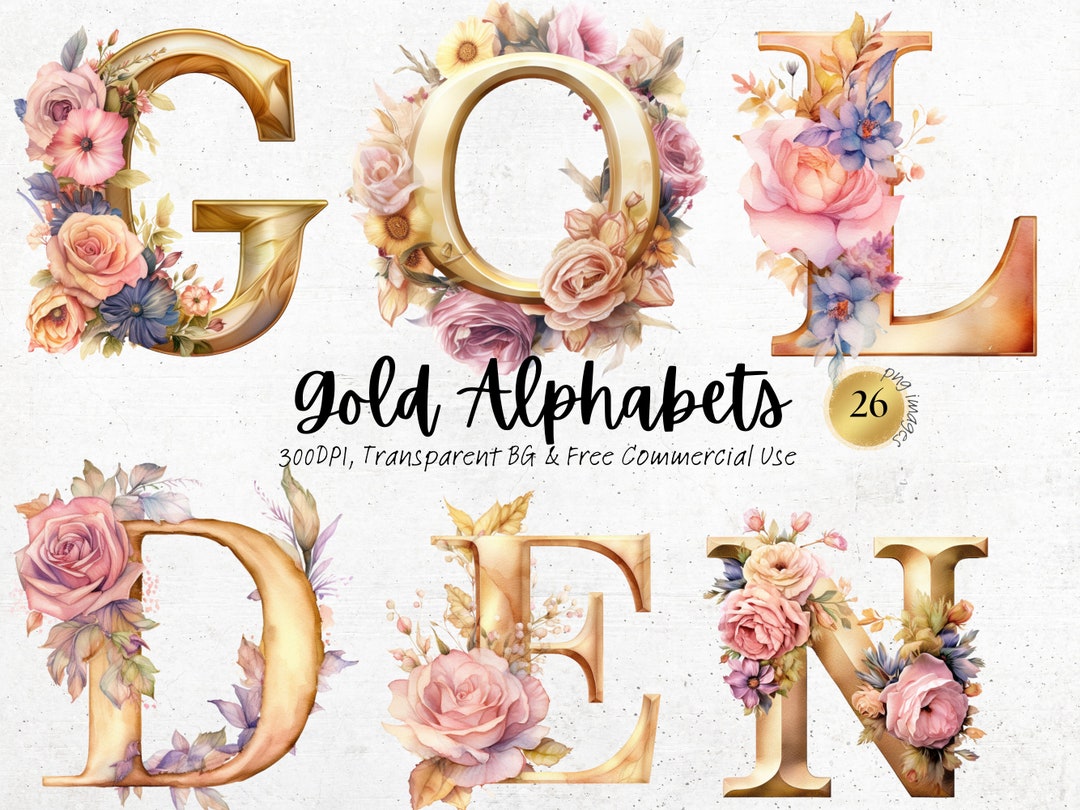 Alphabet Watercolor Png Clipart, Printable Gold Floral Letter Wedding ...
