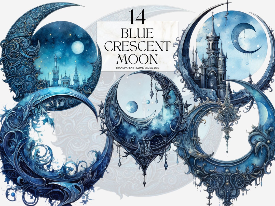 Watercolor Blue Crescent Moon Clipart, Printable Fantasy Night Sky Art ...