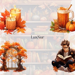 Watercolor Autumn Cozy Bookworm Clipart, Printable Fall Book Ephemera ...