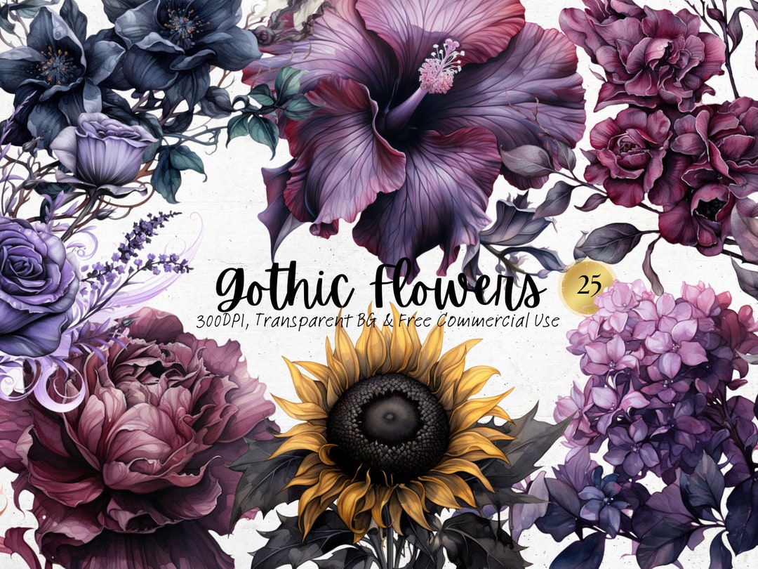 Watercolor Gothic Flowers Clipart, Printable Dark Fantasy Floral Png ...
