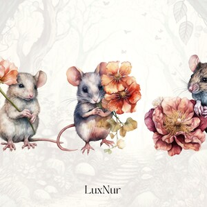 Watercolor Mouse With Flower Clipart Printable Floral Mice - Etsy