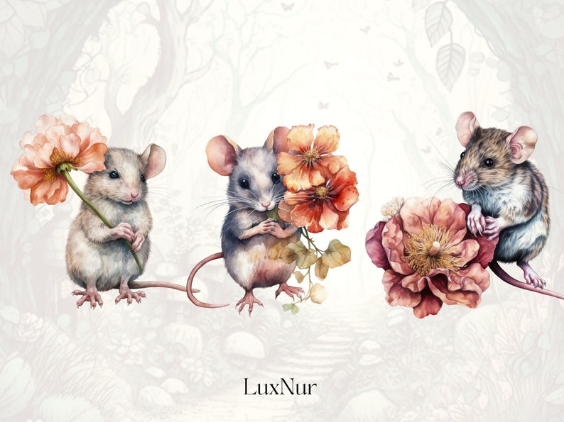 Watercolor Mouse With Flower Clipart Printable Floral Mice - Etsy