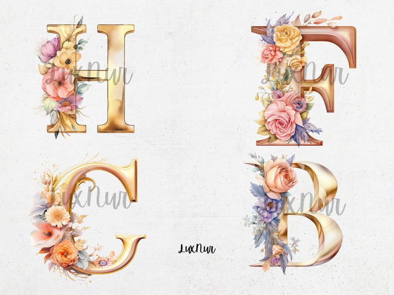 Alphabet Watercolor Png Clipart Printable Gold Floral Letter - Etsy