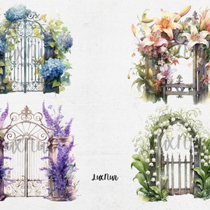 Watercolor Garden Gates Clipart, Printable Orchard Fence Png, Botanical ...