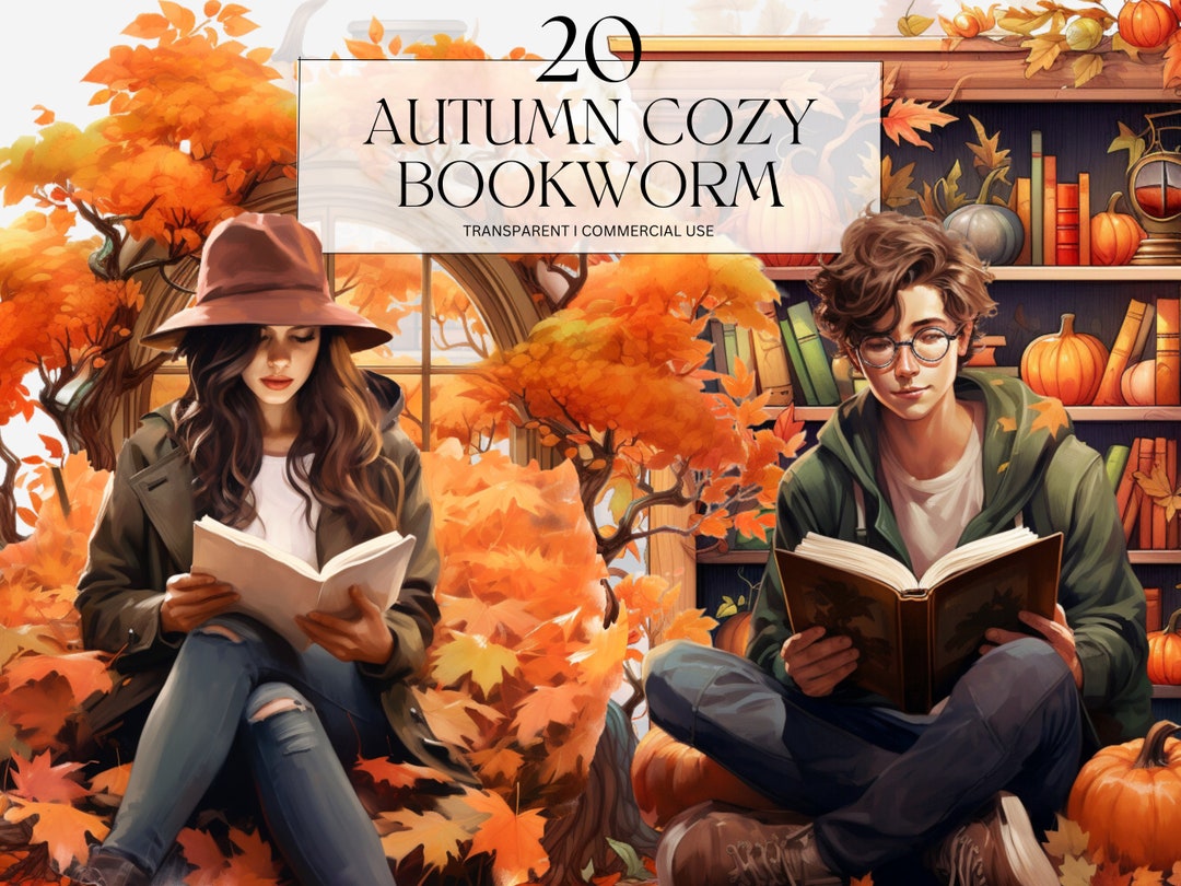 Watercolor Autumn Cozy Bookworm Clipart, Printable Fall Book Ephemera ...