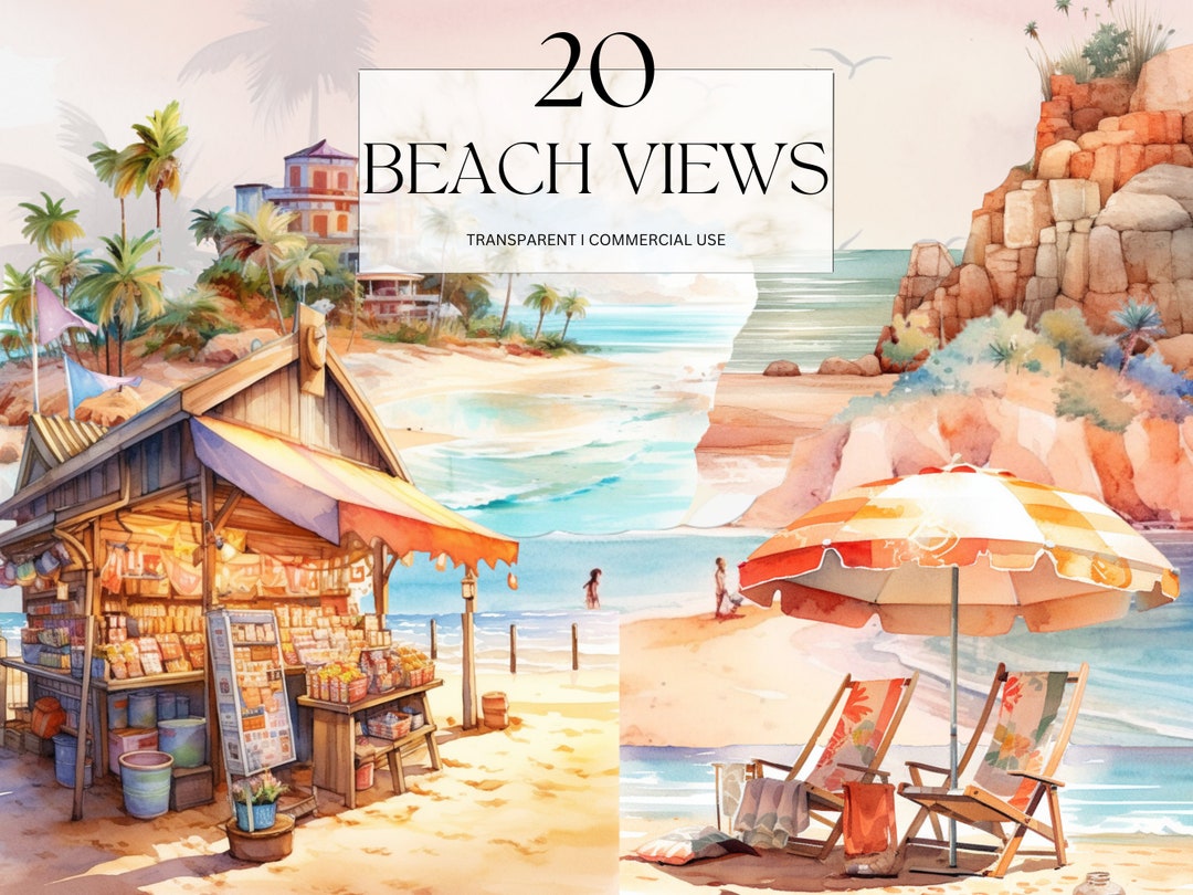 Watercolor Beach Views Clipart, Printable Tropical Ocean Horizon Png ...