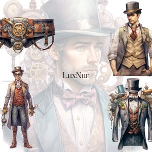 Watercolor Steampunk Gentleman Clipart, Printable Clockwork Fashion Png ...