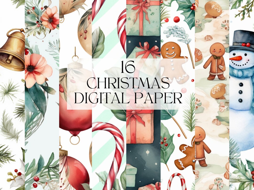 Watercolor Christmas Digital Paper Clipart, Printable Snowman Pine ...