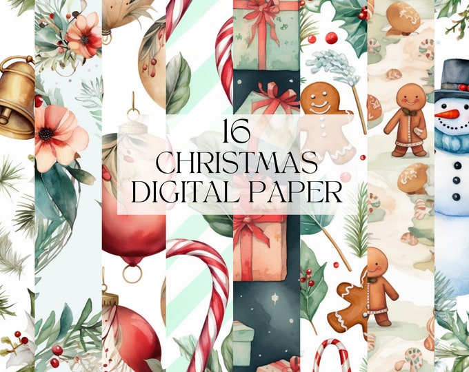 Watercolor Christmas Digital Paper Clipart, Printable Snowman Pine ...