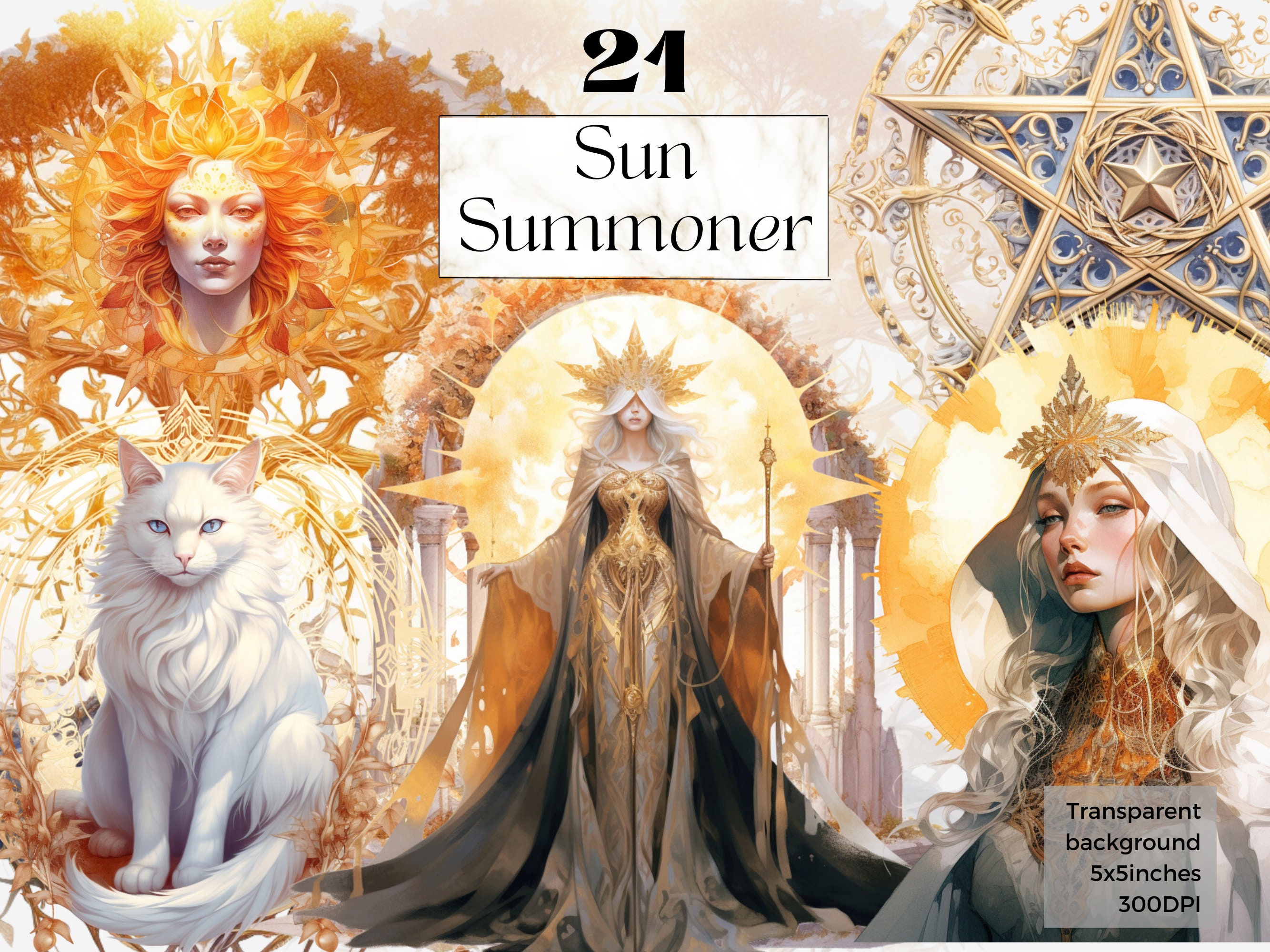 Watercolor Sun Summoner Witch Clipart Png Light Academia - Etsy