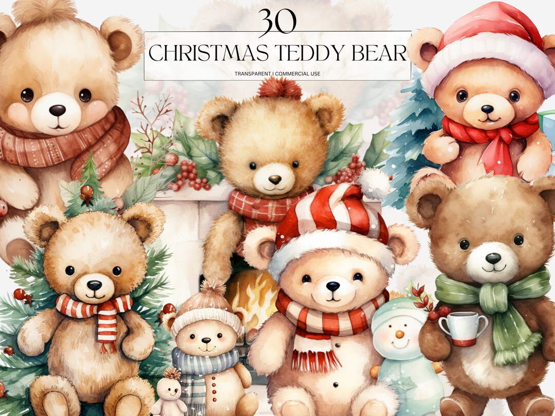 Watercolor Christmas Teddy Bear Clipart, Printable Rainbow Ornaments ...