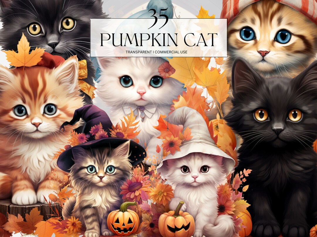 Watercolor Pumpkin Cat Clipart Printable Fantasy Cute Autumn Cat Png ...