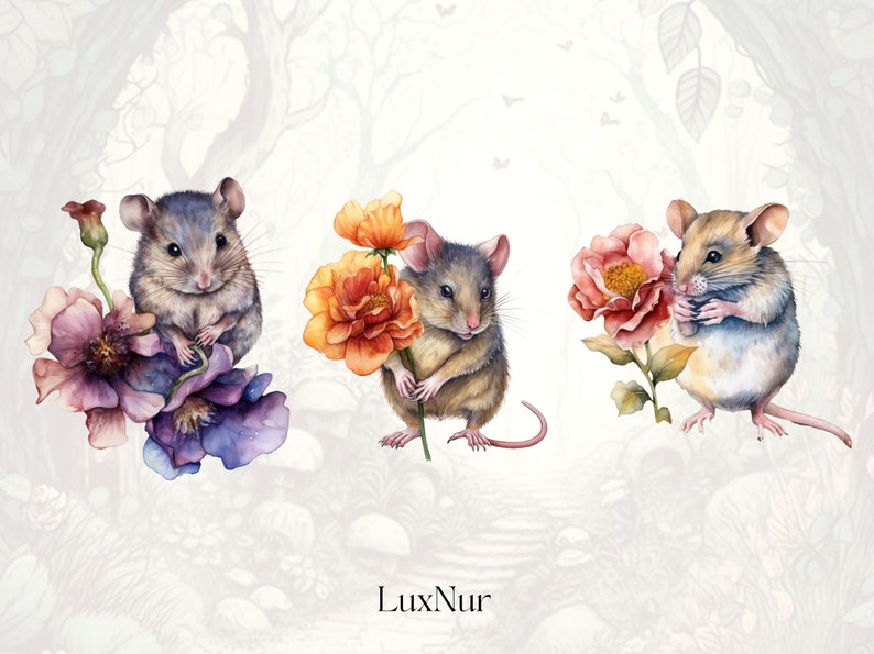 Watercolor Mouse With Flower Clipart Printable Floral Mice - Etsy