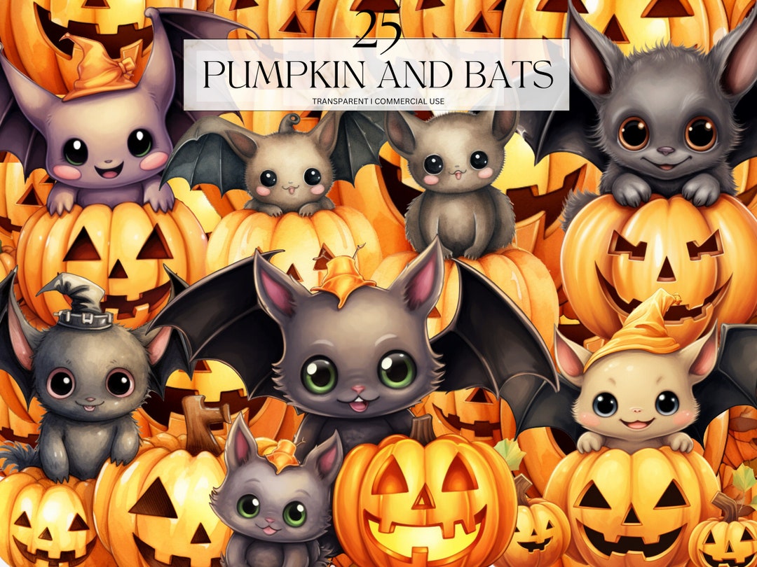 Watercolor Pumpkin and Bats Clipart, Printable Horror Decorations Png ...