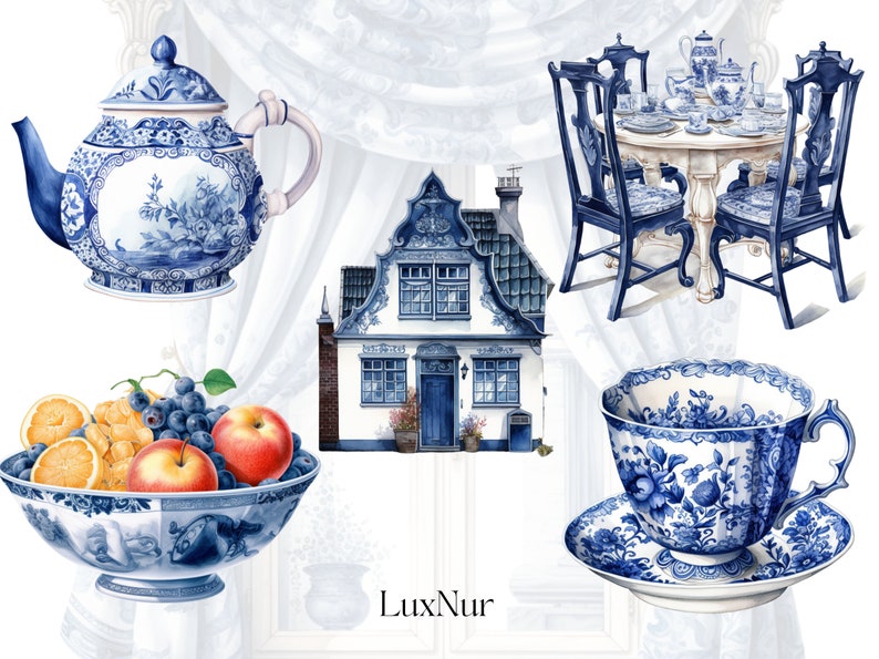 Watercolor Delft Blue Cottagecore Png Clipart Printable Blue - Etsy