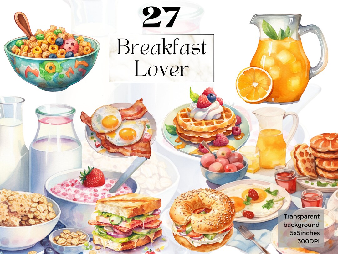 Watercolor Breakfast Clipart, Printable Breakfast PNG, Food Clipart ...