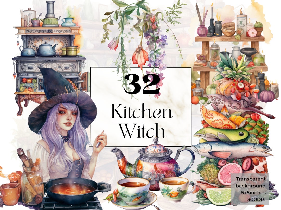 Watercolor Kitchen Witch Clipart, Printable Food Witchcraft Art Print ...