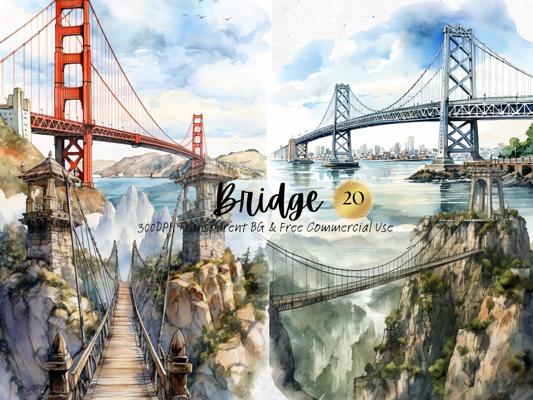 Watercolor Bridge Clipart Printable Metropolis Cityscapes Png Architect ...