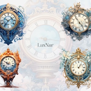 Watercolor Fantasy Vintage Clocks Clipart, Printable Magical Clockwork ...