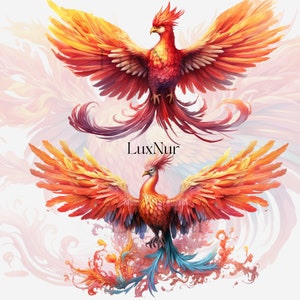 Watercolor Phoenix Clipart, Printable Gold Red Blue Floral Fire Bird ...