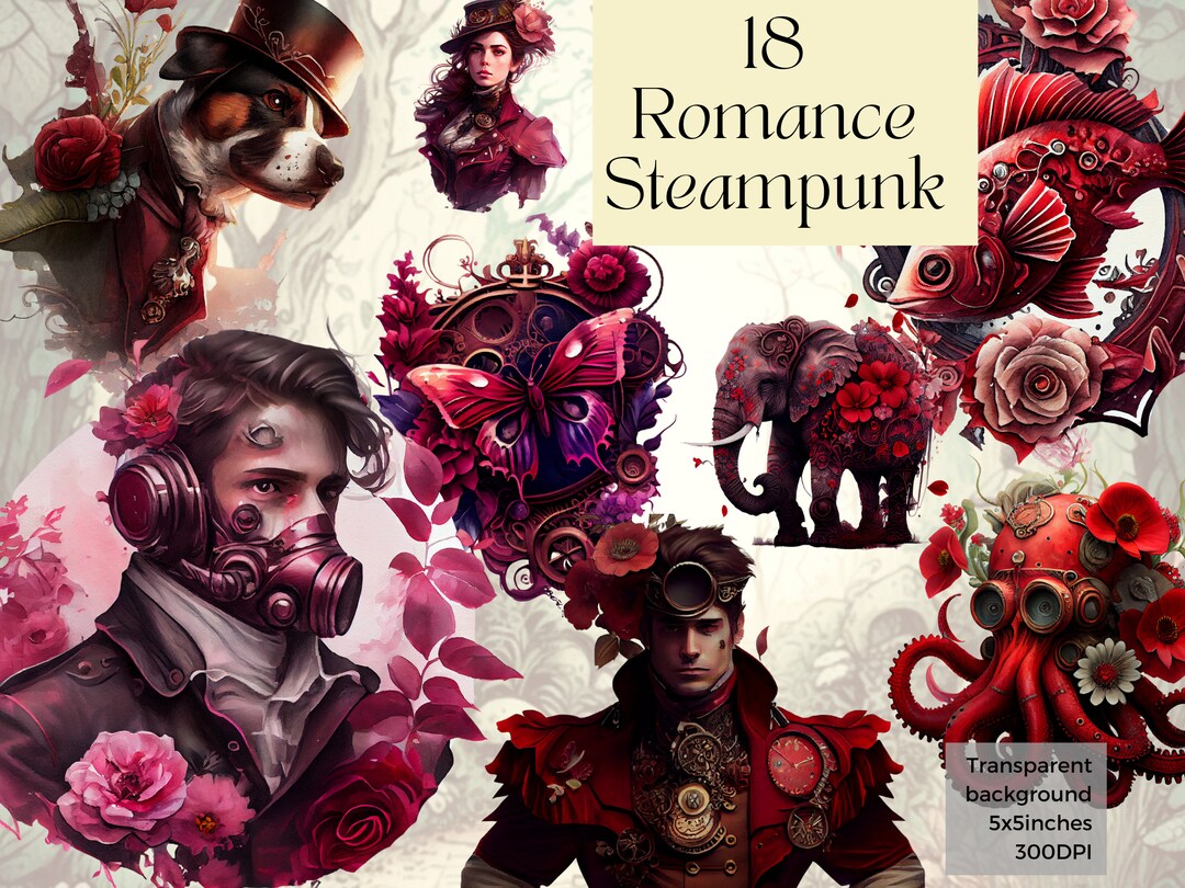 18 Romantic Floral Steampunk Pack Clipart, Watercolor Printable ...