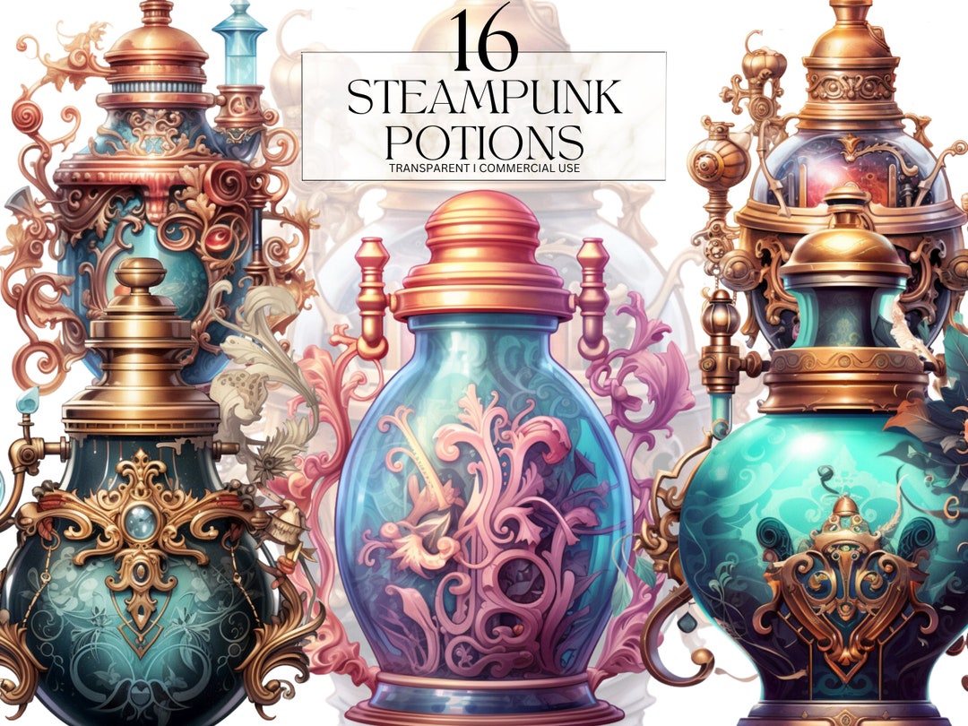 Watercolor Steampunk Potions Clipart Printable Clockwork - Etsy