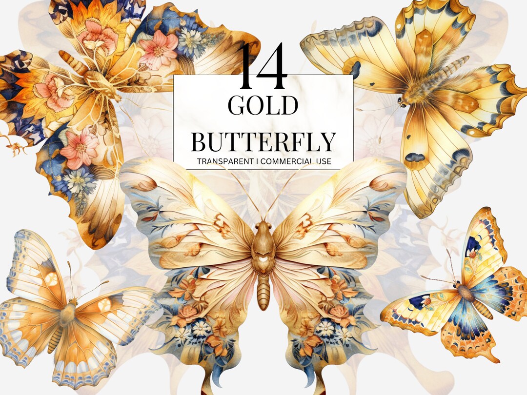 Watercolor Gold Floral Monarch Butterfly Clipart Printable Royal Spring ...