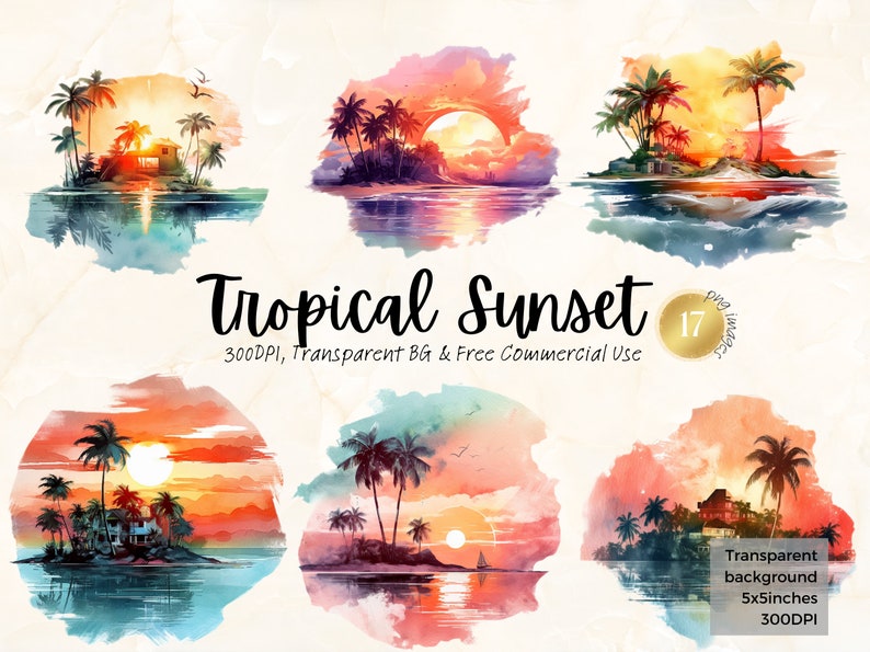 Watercolor Tropical Sunset Clipart Beach Vacation Travel Ocean - Etsy