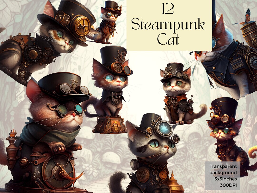 Best Classic Steampunk Kitten Clipart, Watercolor Printable Fantasy ...