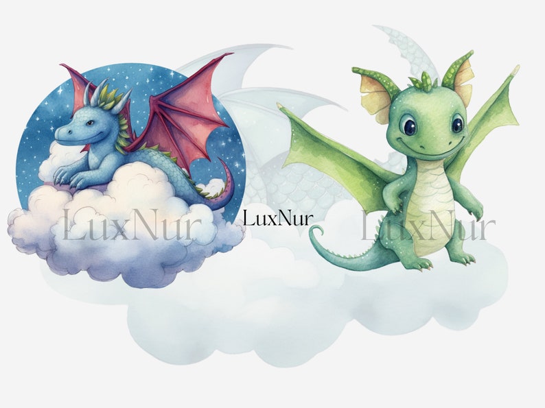 Watercolor Baby Dragon Clipart Printable Fairy Tale Cute - Etsy