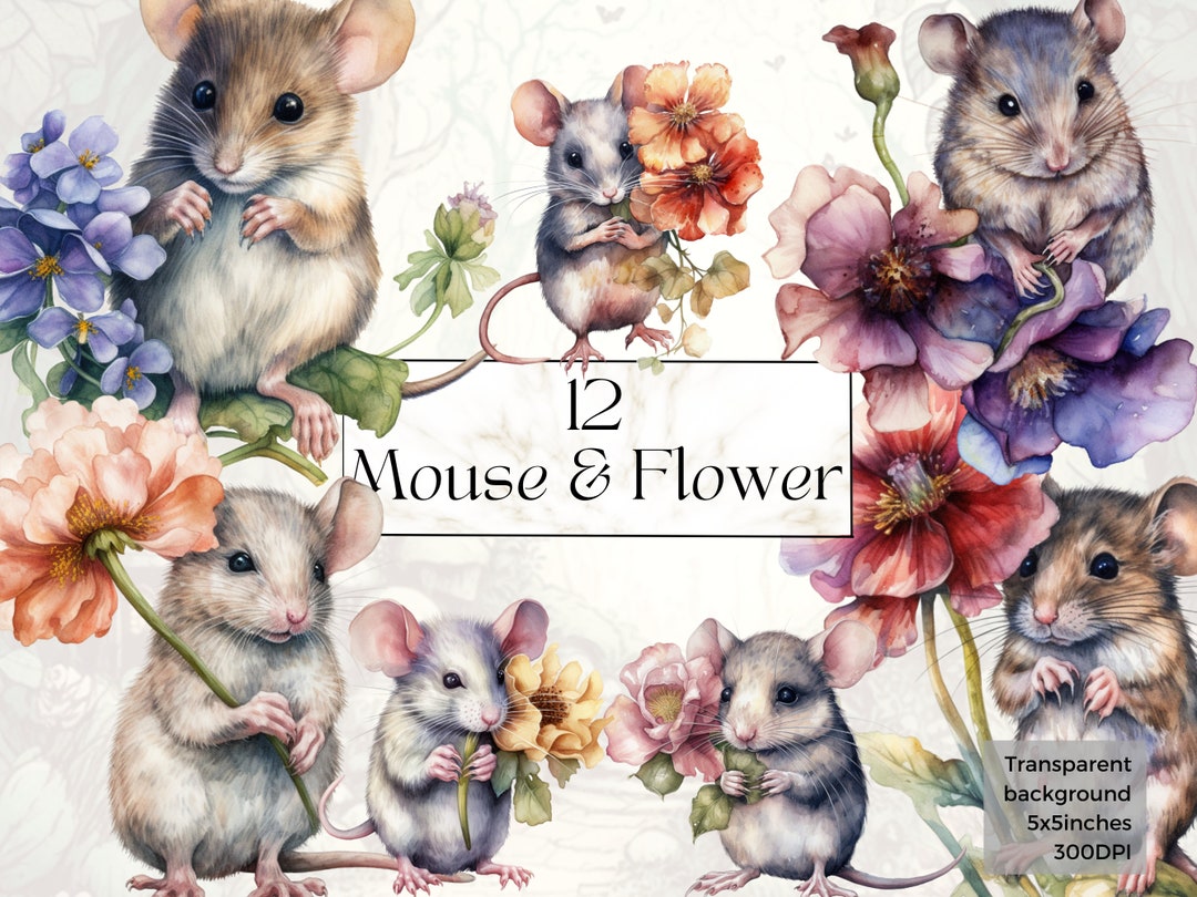 Watercolor Mouse With Flower Clipart, Printable Floral Mice Wall Art ...