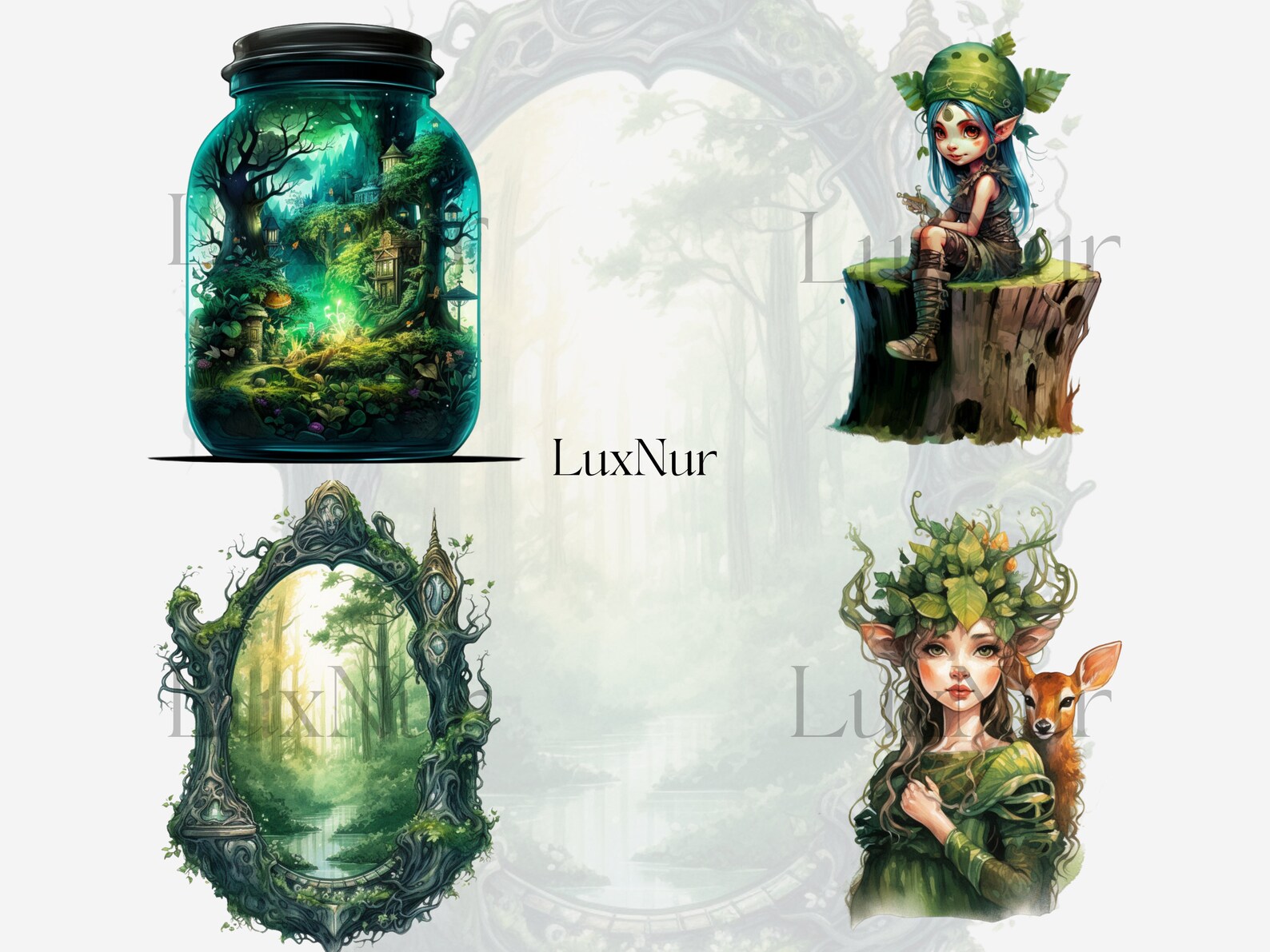 Watercolor Forest Elf Princess Clipart Green Printable Fantasy - Etsy