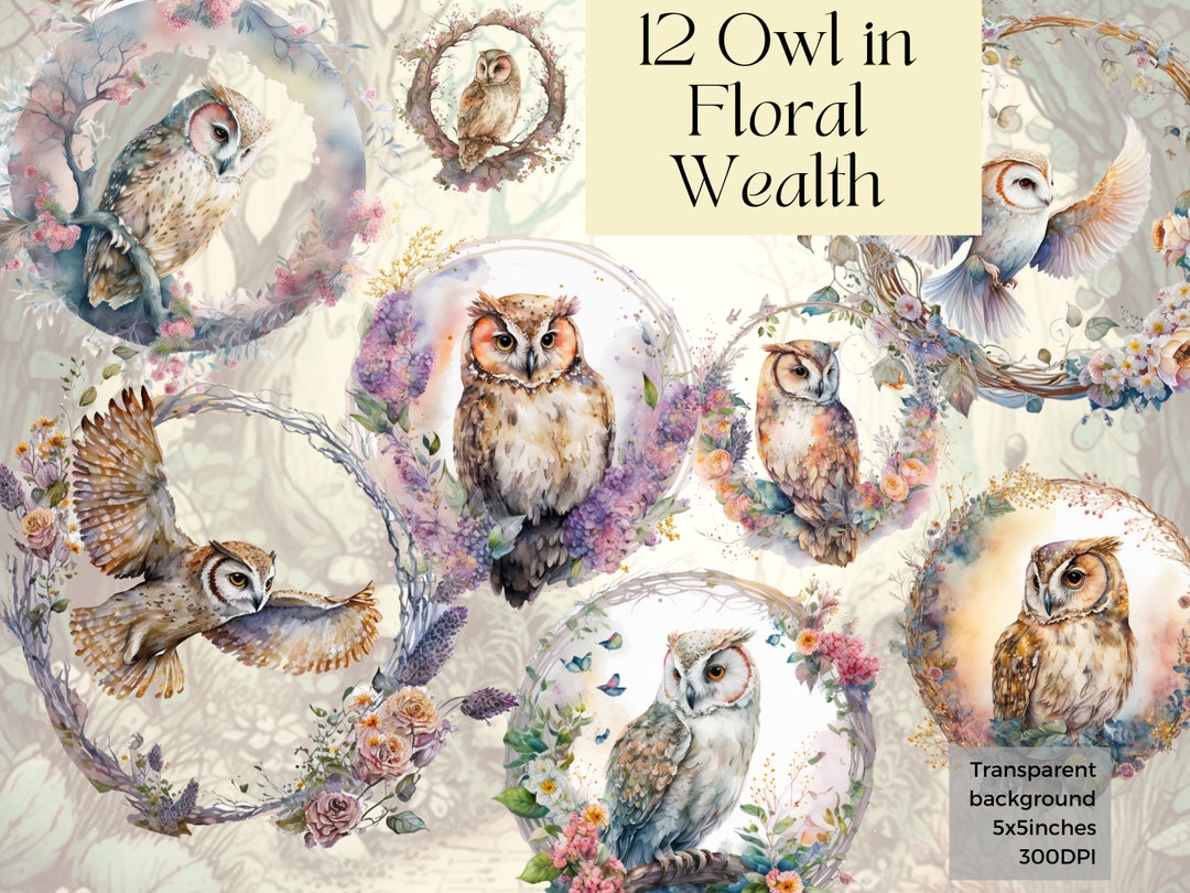 Watercolor Pastel Owl Clipart, Circle Floral Wreath Clipart, Printable ...