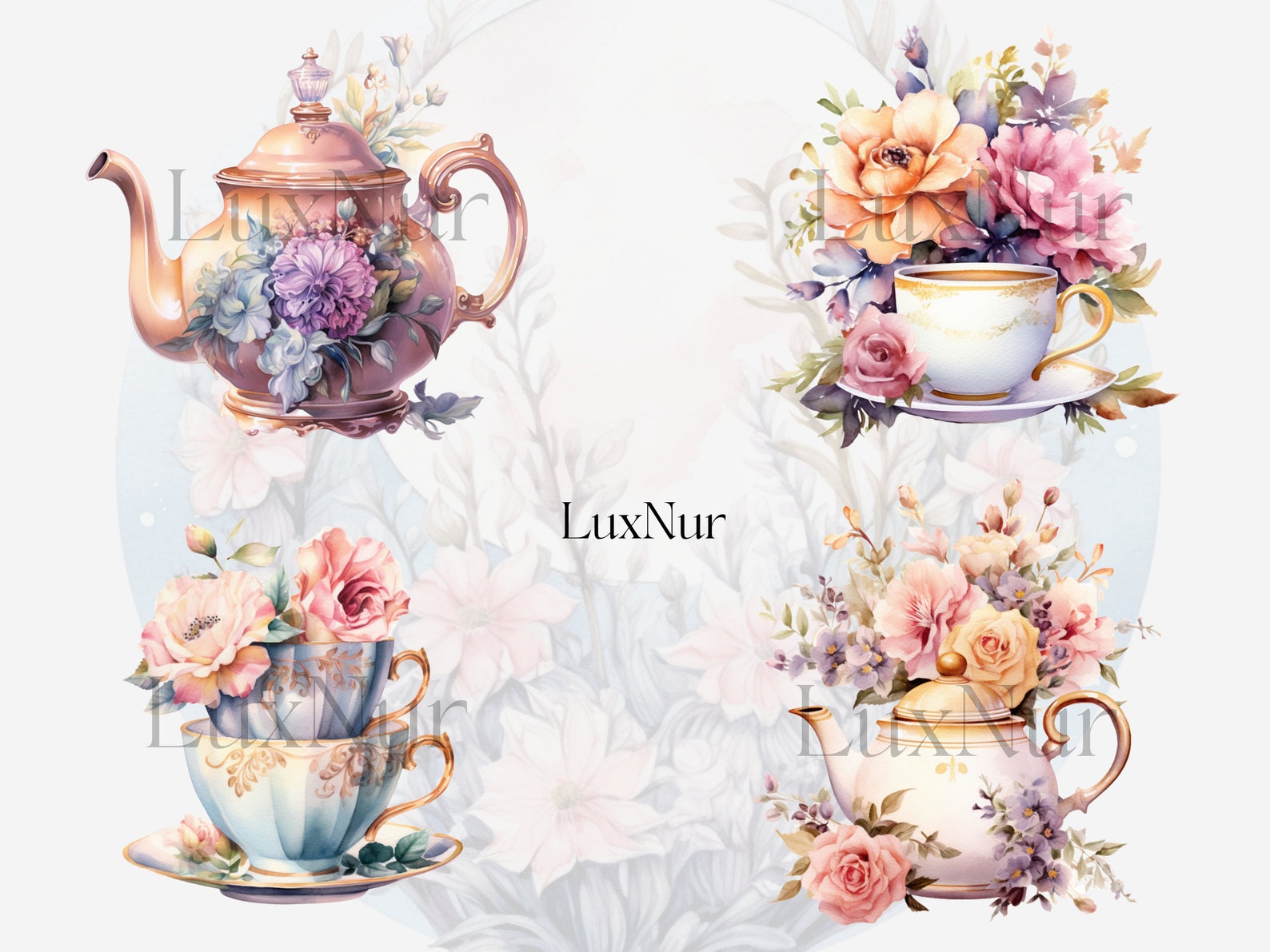 Watercolor Floral Tea Time Clipart Printable Vintage Tea Party - Etsy