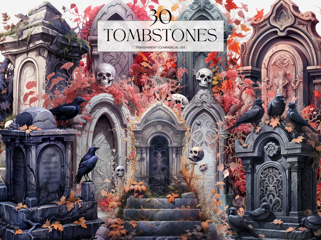 Watercolor Tombstones Clipart, Printable Mystical Skull Horror ...
