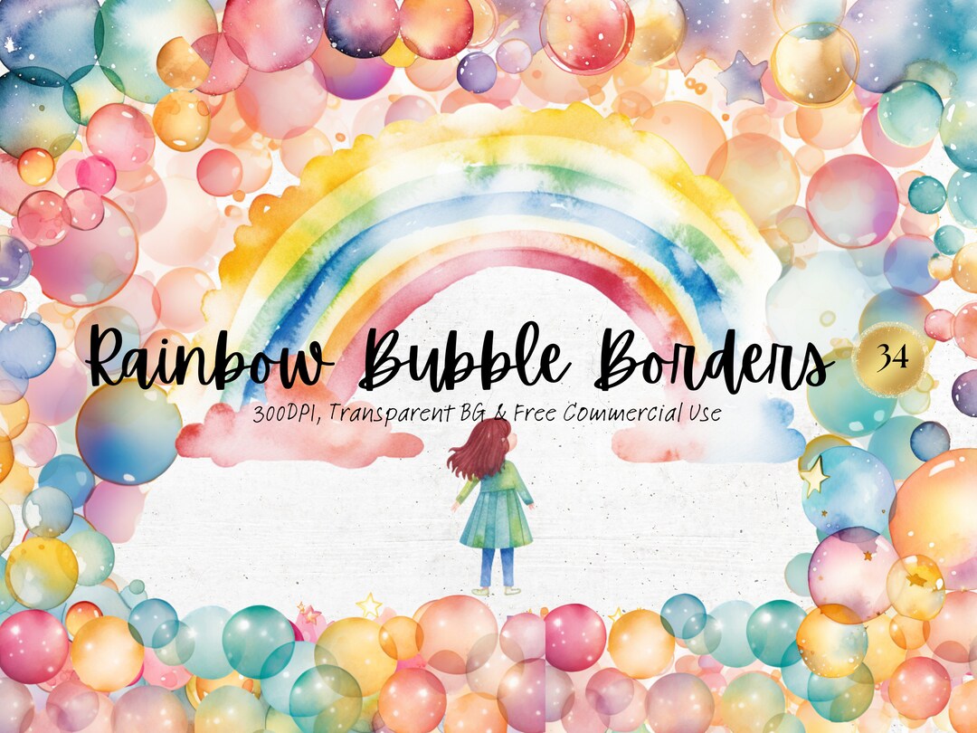 Watercolor Rainbow Bubble Borders Clipart, Printable Colorful 1st ...