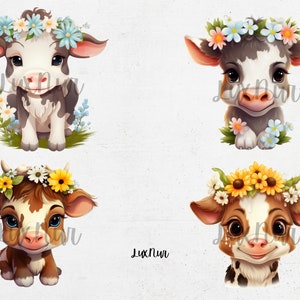 Watercolor Cute Cow Clipart, Printable Woodland Farm Cow Baby Png ...
